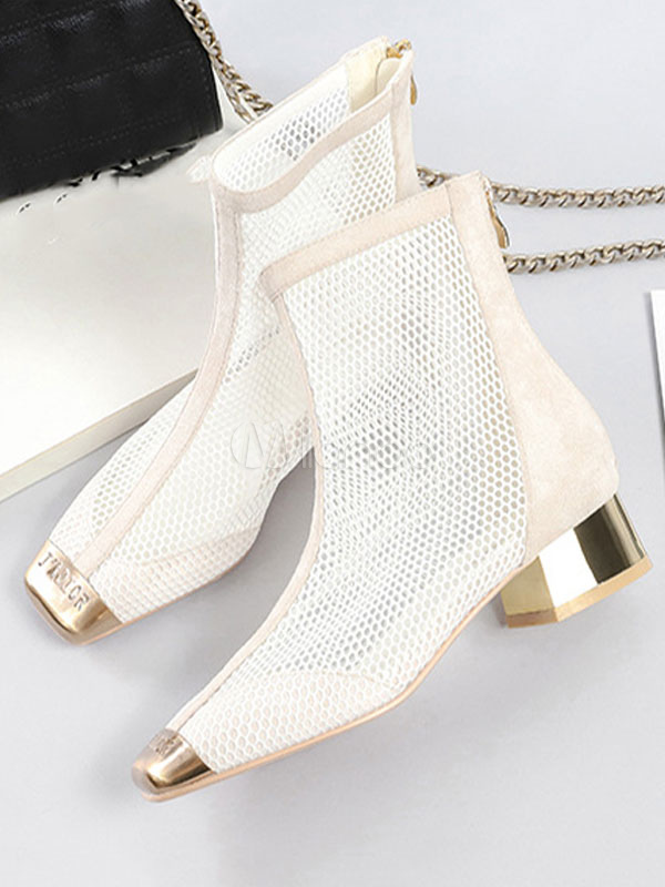 Women Summer Boots Mesh Square Toe Low Block Heel Shoes - Milanoo.com