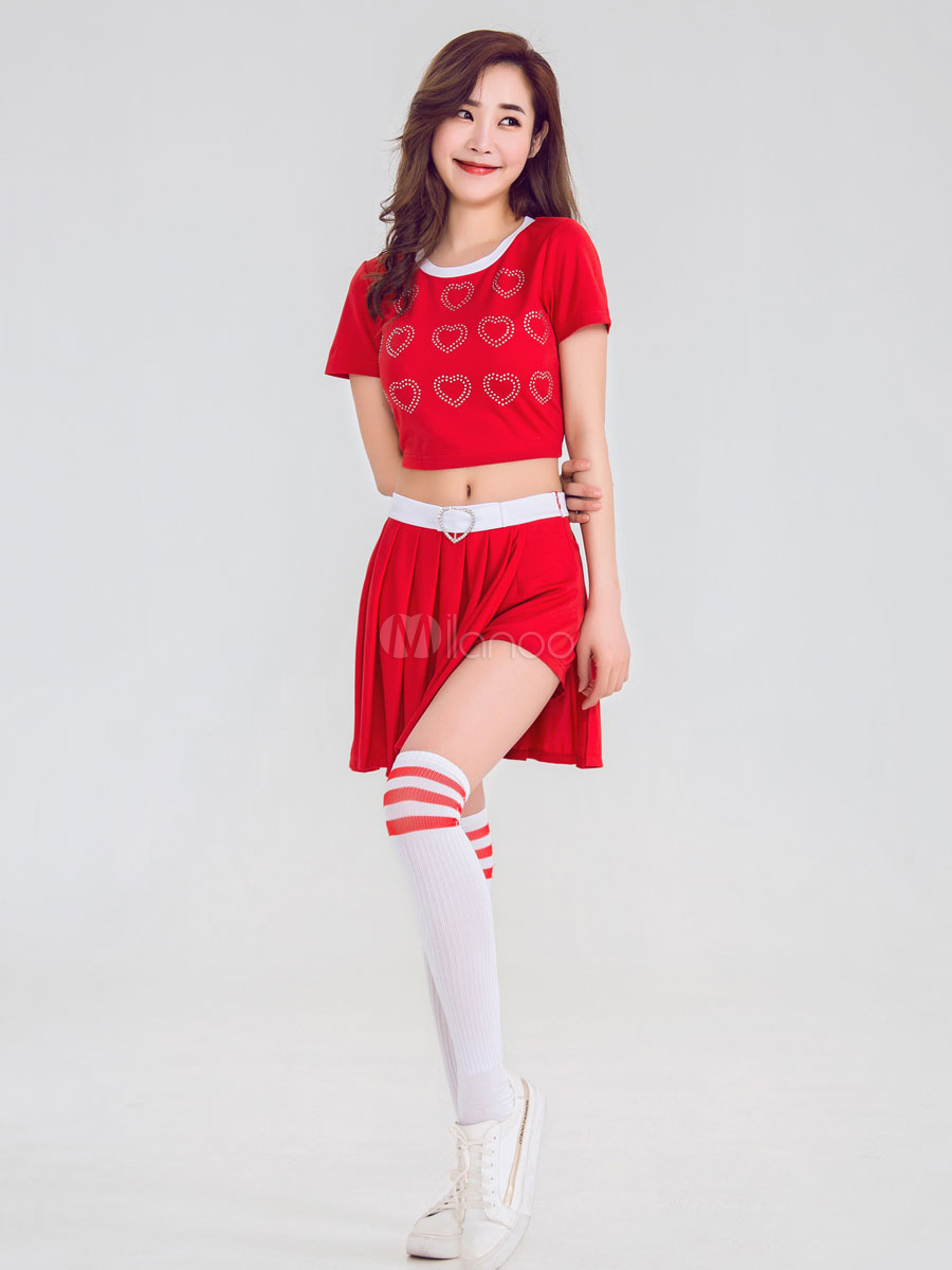 Sexy Cheerleader Costume Women Red Hearts Pattern Mini Skirt Costume