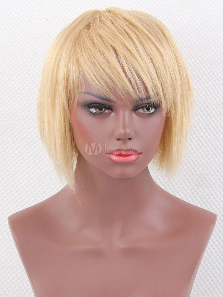 Perruque Naturelle Femme Perruque Cheveux Humain Doré Perruque Mi Long ...