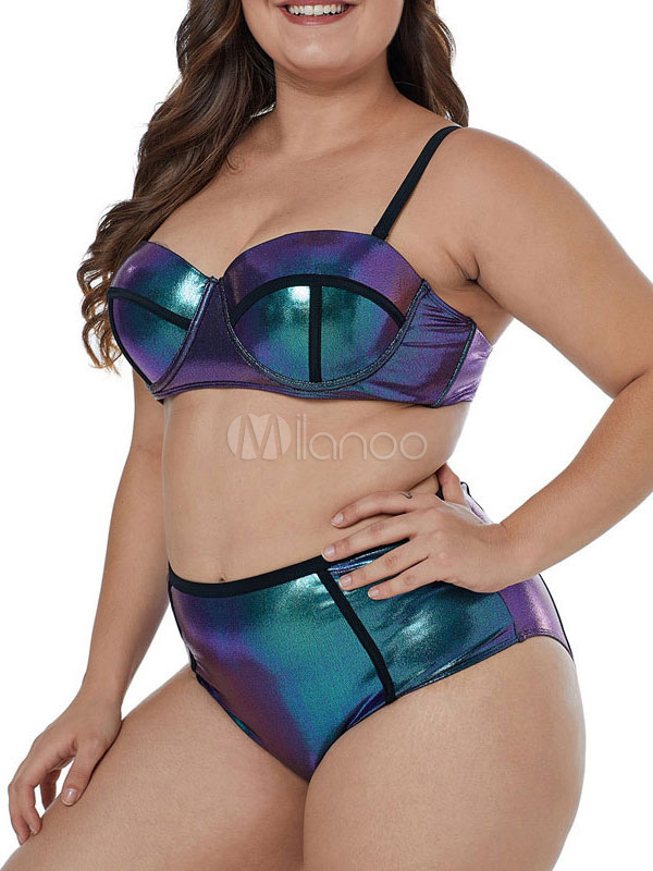 Plus Size Metallic Bikini Swimsuit Women Push Up High Waisted Swimwear