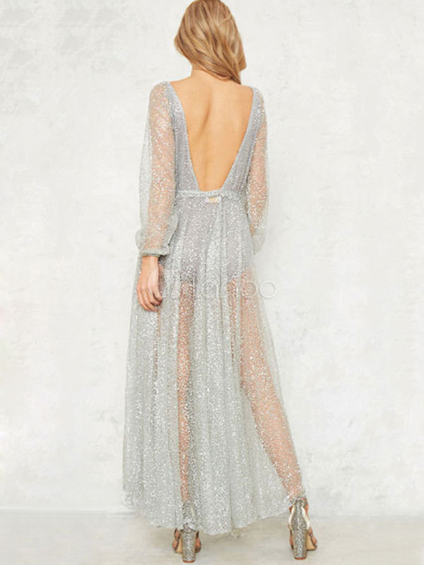 Glitter Maxi Dress Silver Sequin Party Dress Tulle Sheer Plunging