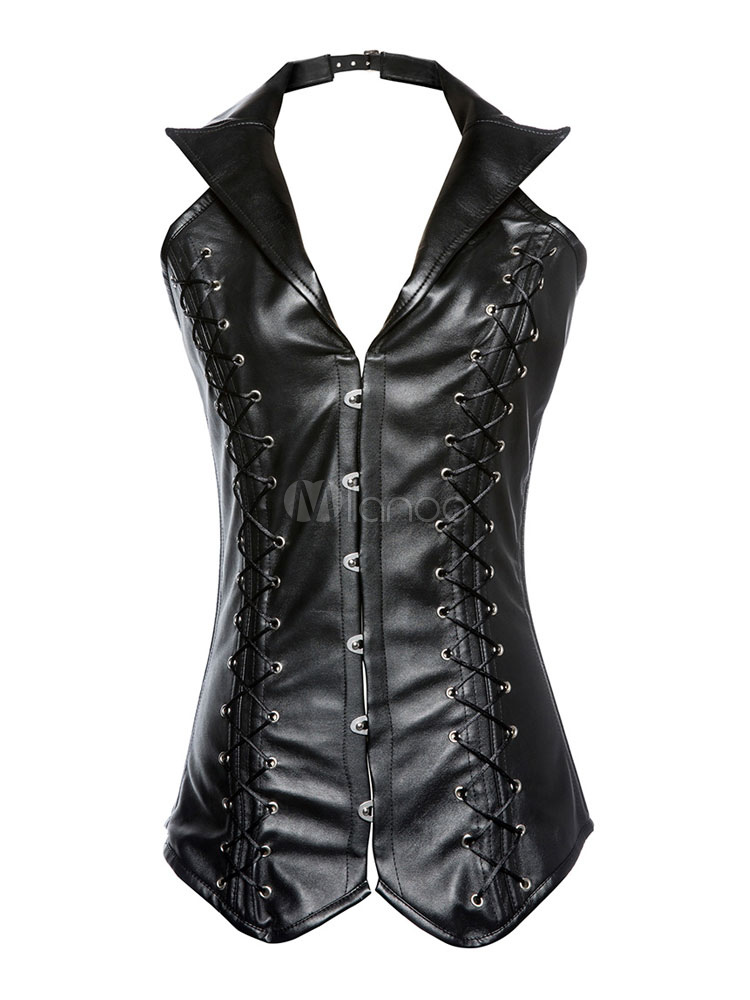 Éblouissant Bustier Sein Couvrant En Cuir Noir Et Lacets De Dentelle