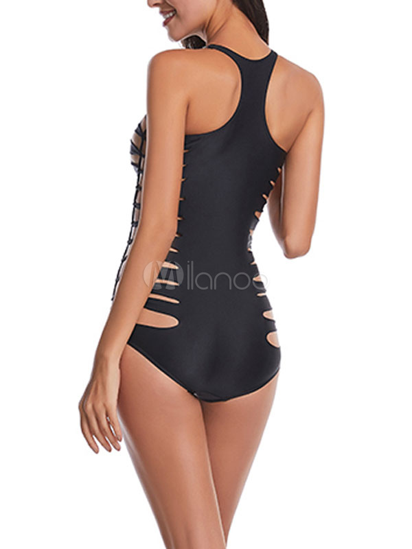 Monokini Badeanzüge Für Frauen Black Polka Dot Ausschnitt Jewel Neck