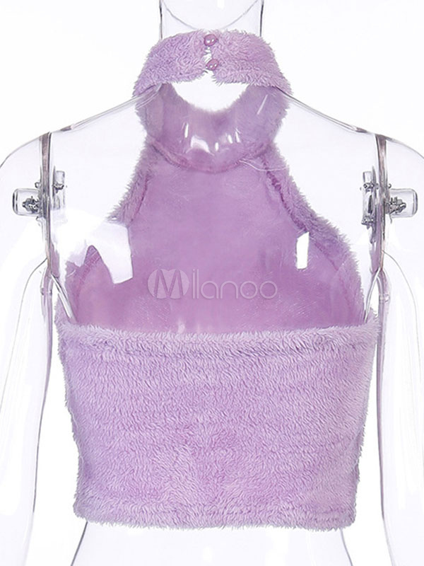Lilac Cami Top High Collar Buttons Sexy Open Shoulder Flannel Women ...