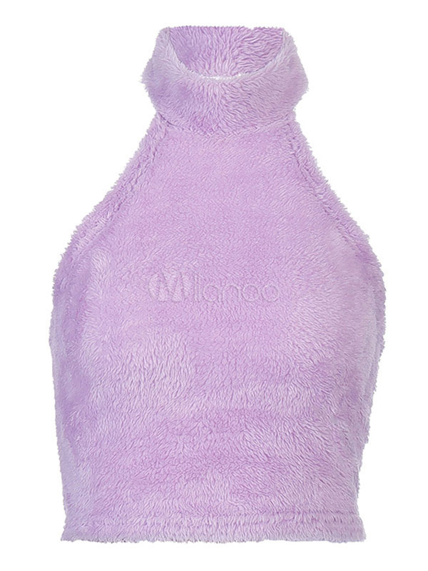 Lilac Cami Top High Collar Buttons Sexy Open Shoulder Flannel Women ...