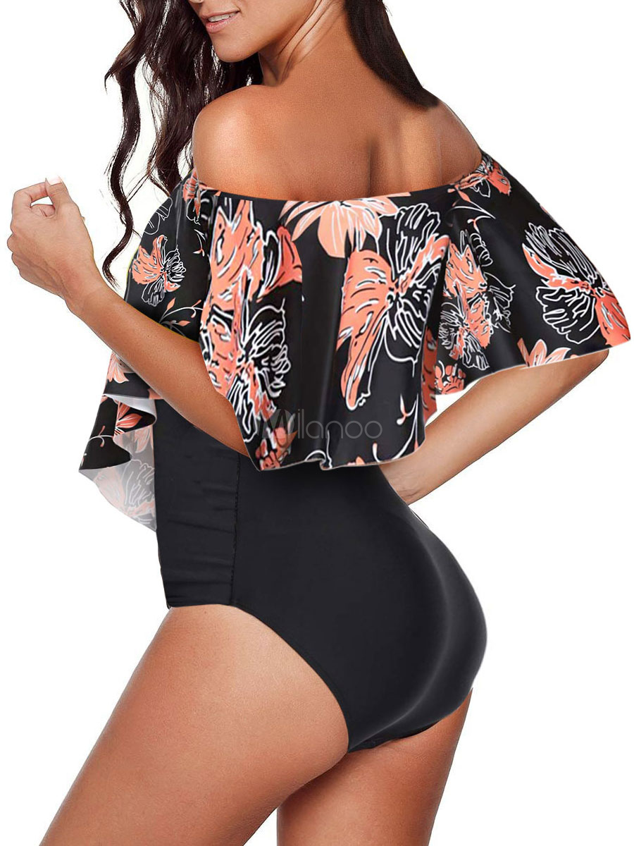 Women One Piece Swimsuits Black Floral Print Bateau Neck Summer Sexy