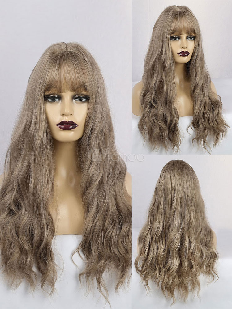 Women Long Wig Light Gray Curly Rayon Casual Tousled Long Synthetic ...