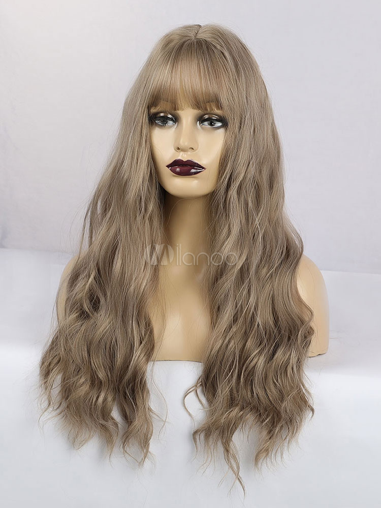 Women Long Wig Light Gray Curly Rayon Casual Tousled Long Synthetic ...