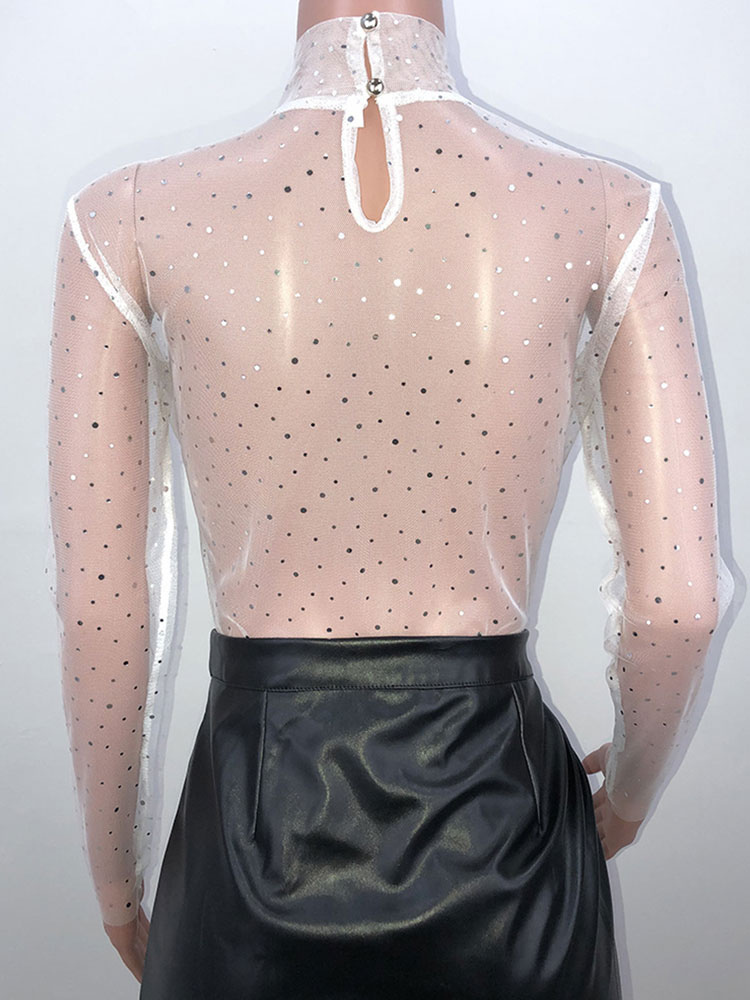 Weiße transparente Bluse Seuqin Langarm Tüll Sexy Tops - Milanoo.com