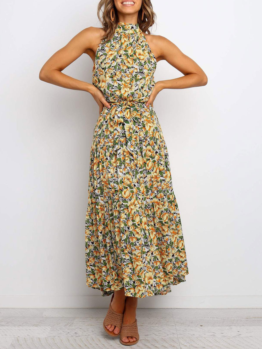 Robe Longue Sans Manches En Polyester Imprimé Sans Manches