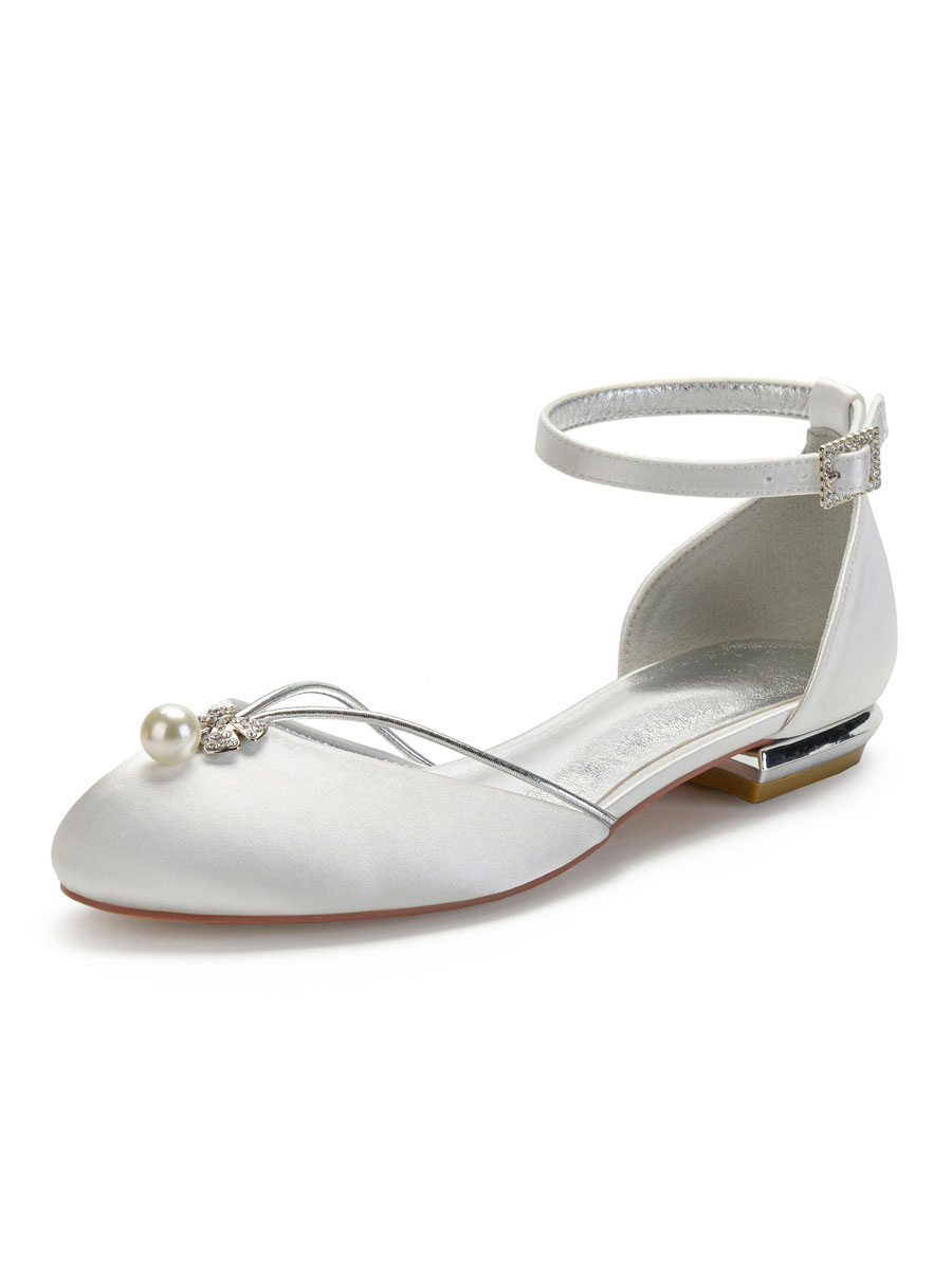 Hochzeitsschuhe White Satin Pearls Round Toe Flache Brautschuhe ...