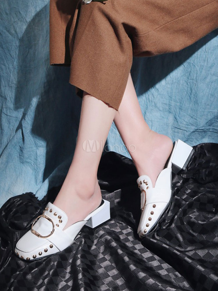 Damen Pantoletten Clogs Leder Black Square Toe Slip-On Pantoletten mit ...