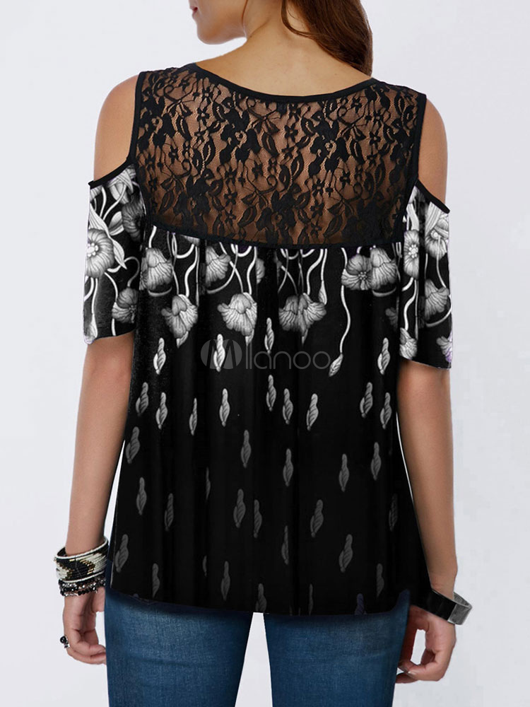 Oversized Tees Cold Shoulder Lace Insert Floral Print Summer Tops ...