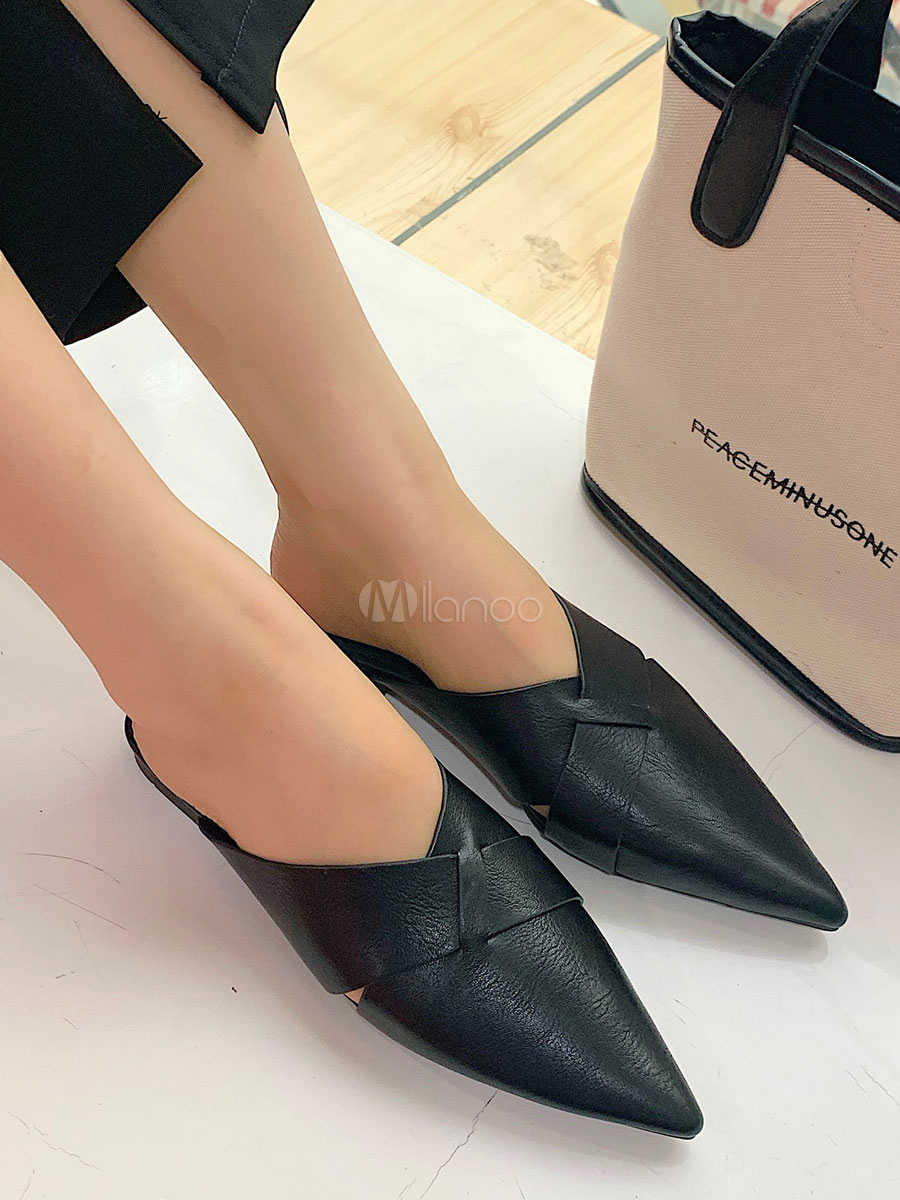 Women Flat Mules Apricot Leather Pointed Toe Slide Shoes - Milanoo.com