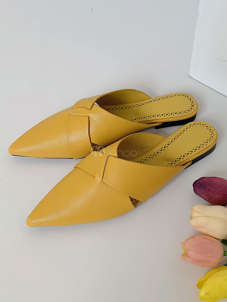 Women Flat Mules Apricot Leather Pointed Toe Slide Shoes - Milanoo.com
