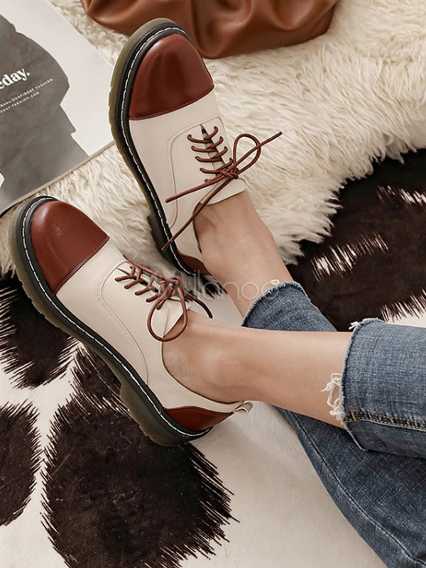 Women Round Toe Leather Lace Up Oxfords - Milanoo.com
