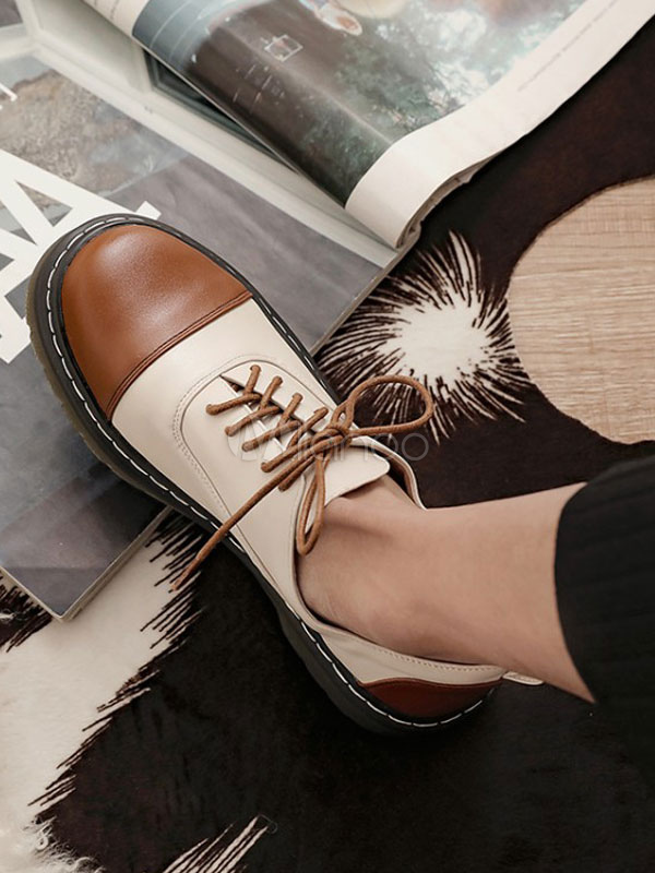 Women Round Toe Leather Lace Up Oxfords - Milanoo.com