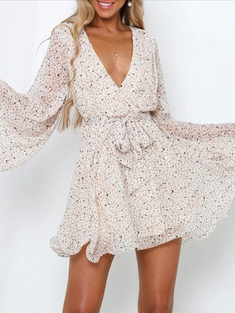 Skater Dresses V Neck Long Sleeves Flared Sleeves Lace Up Floral Print