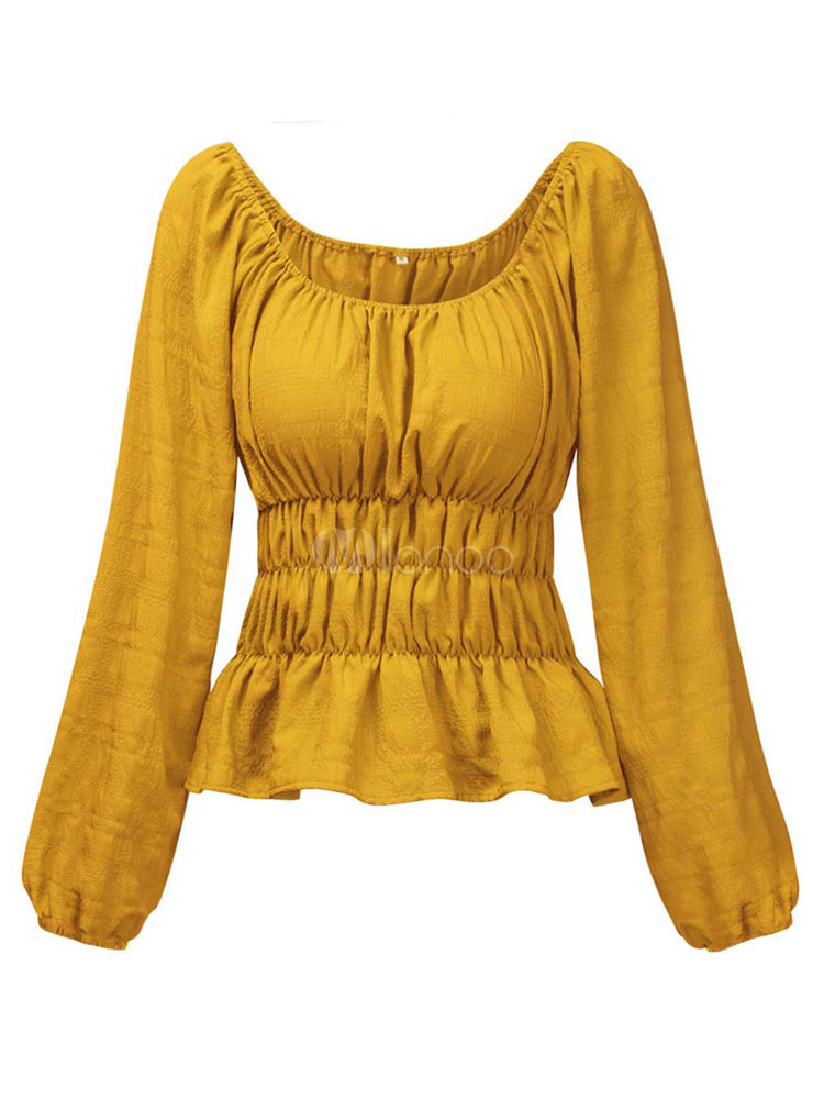 Hemd für Frauen Blau Plissee Vierkanthals Lässig Langarm Polyester Tops ...