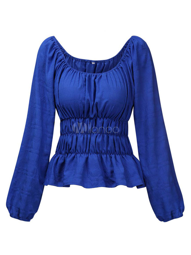 Hemd für Frauen Blau Plissee Vierkanthals Lässig Langarm Polyester Tops ...