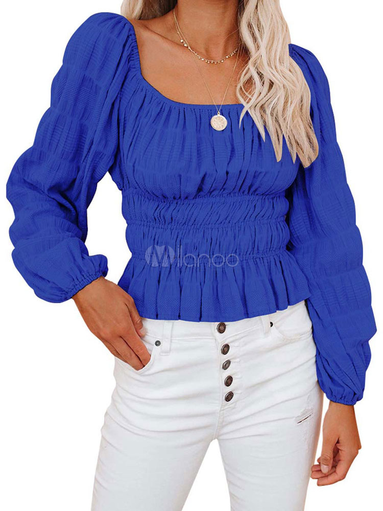 Hemd für Frauen Blau Plissee Vierkanthals Lässig Langarm Polyester Tops ...
