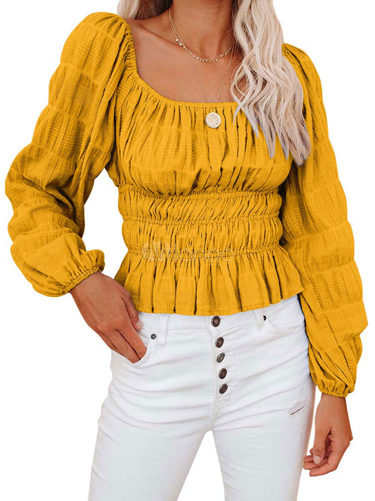 Hemd für Frauen Blau Plissee Vierkanthals Lässig Langarm Polyester Tops ...