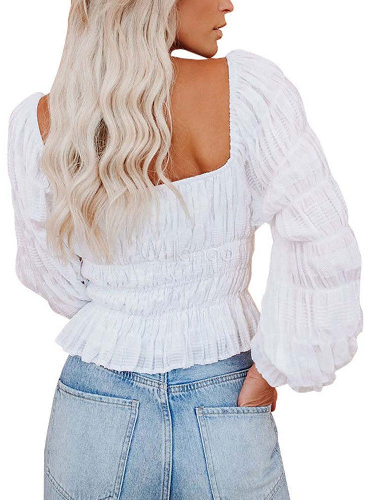 Hemd für Frauen Blau Plissee Vierkanthals Lässig Langarm Polyester Tops ...