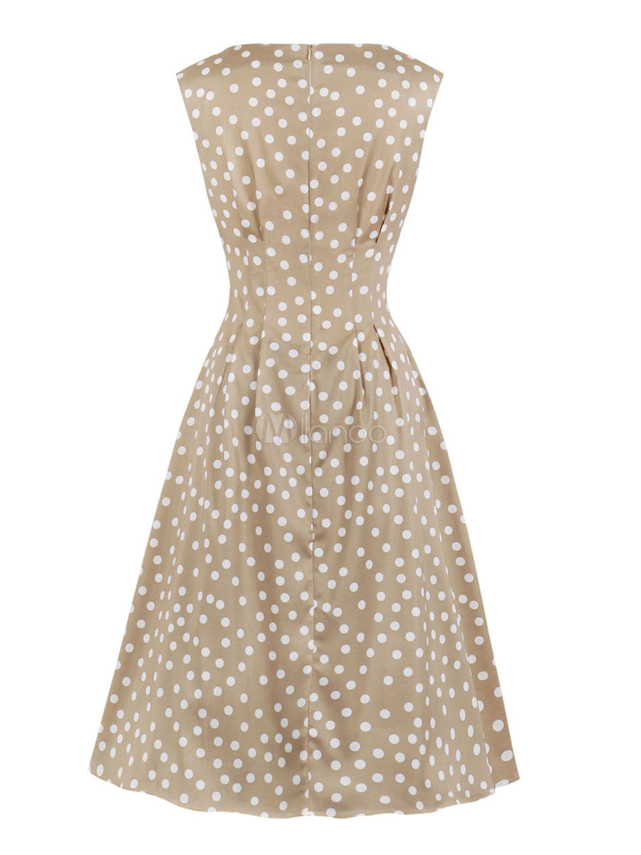 Robe Vintage Année 50s Femme Imprimé Pois Col Rond Sans Manches Coupe