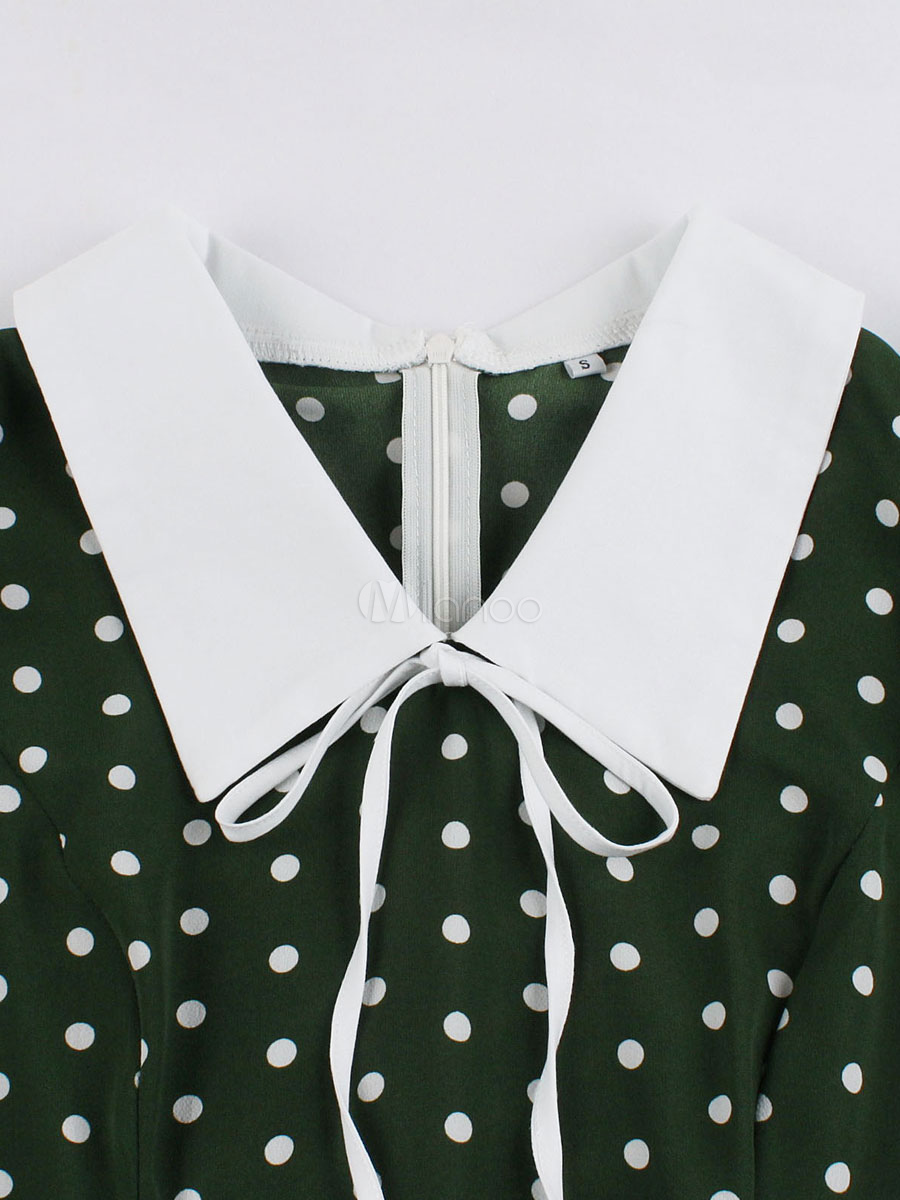 Robe Vintage Année 50s Femme Imprimé Pois Col Revers à Lacets Avec