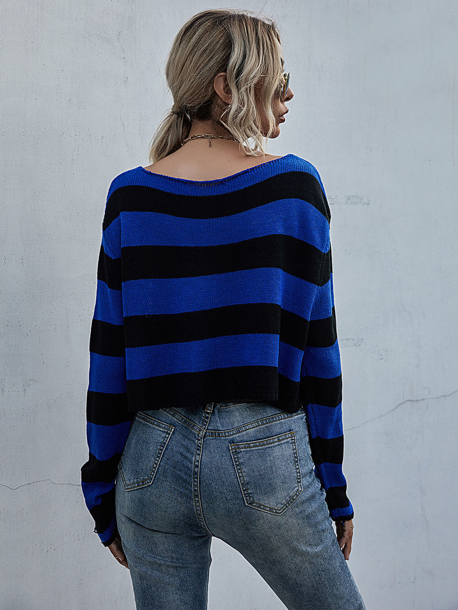 Suéter de mujer Suéter Rayas azules Cuello en V Manga larga Suéteres ...