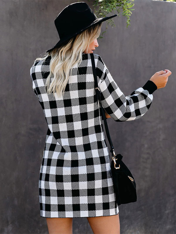 Women's Black Shift Dresses Long Sleeves Plaid Casual Jewel Neck ...