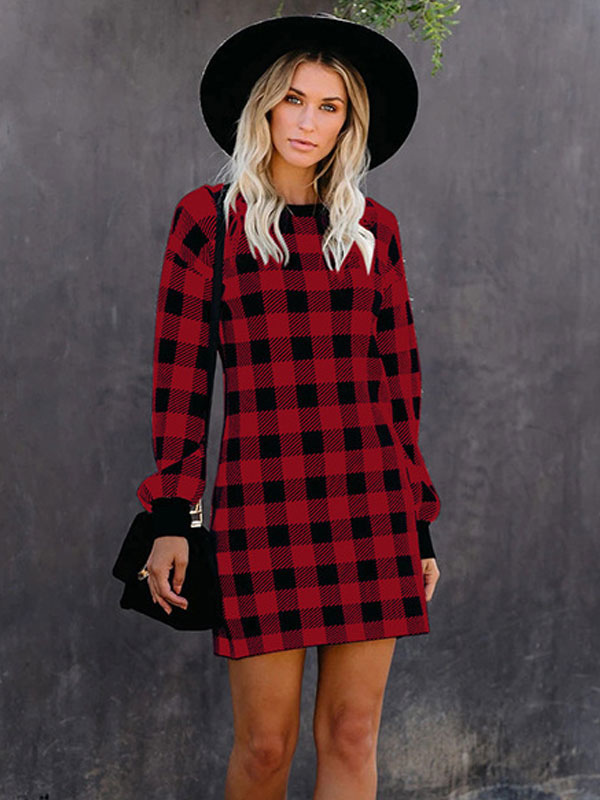 Women's Black Shift Dresses Long Sleeves Plaid Casual Jewel Neck ...