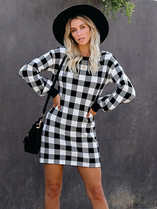 Women's Black Shift Dresses Long Sleeves Plaid Casual Jewel Neck ...
