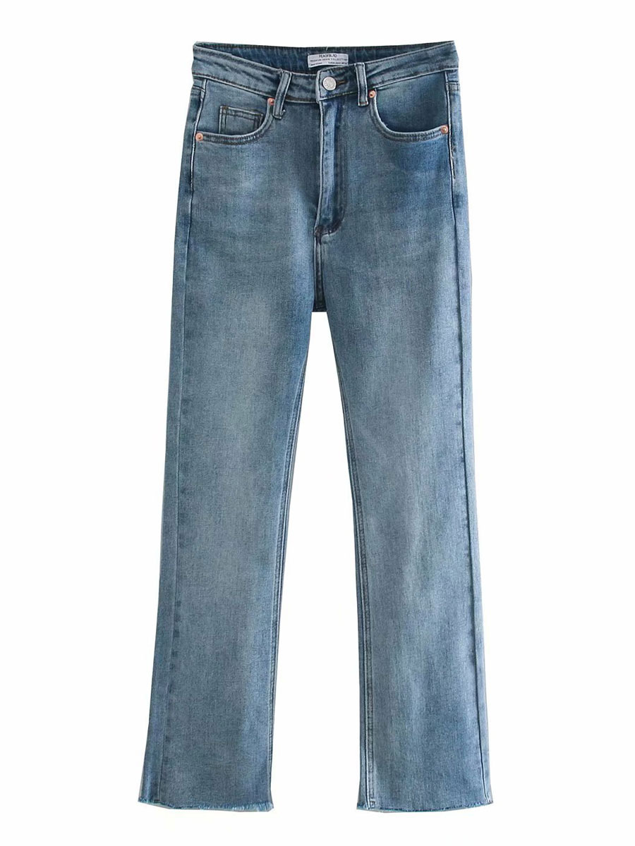 Women Bule Denim Pants Cowboy Cotton Straight Trousers Casual Cigarette ...