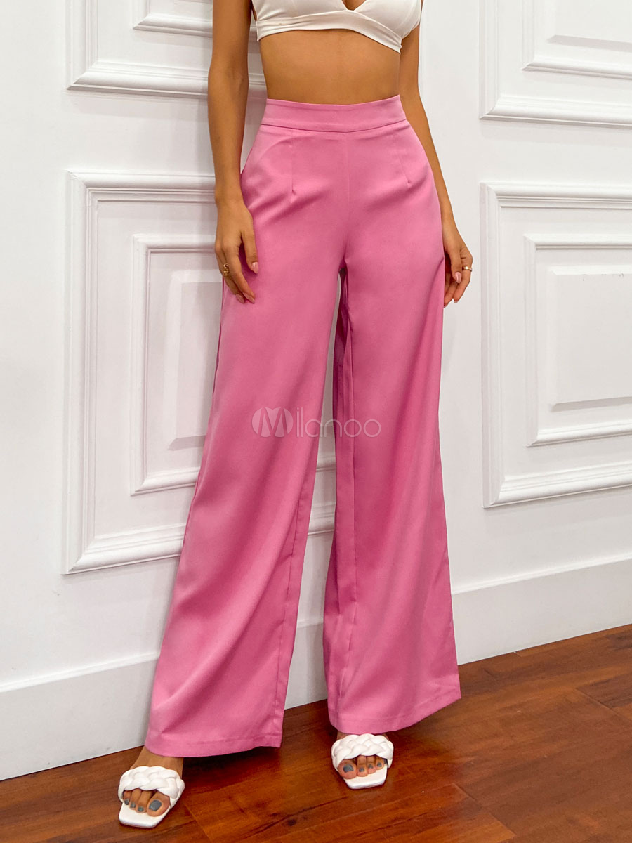 Damenhose Rose Pink Polyester Raised Waist Wide Hose - Milanoo.com