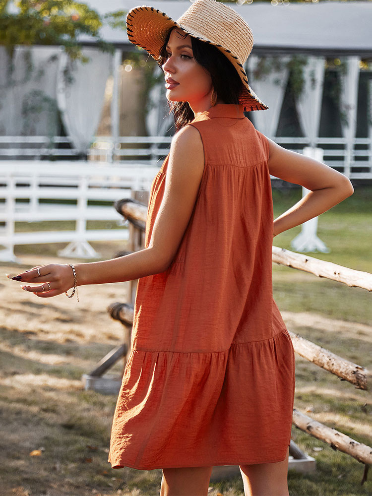 Women Orange Shift Dresses Sleeveless V-Neck Ruffles Polyester Layered ...