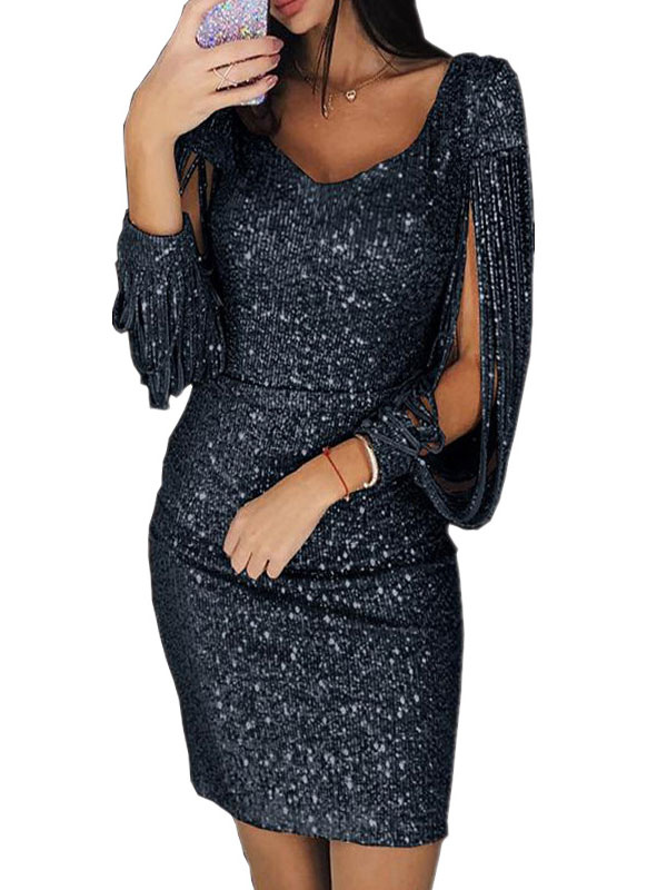 Robe De Soirée En Paillette Courte Robe Moulante à Col Décolleté En V