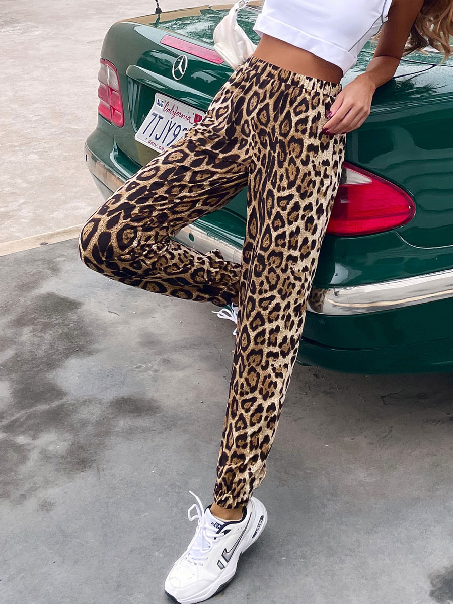 Sweatpants Coffee Brown Polyester Raised Waist Animal Print Trousers ...