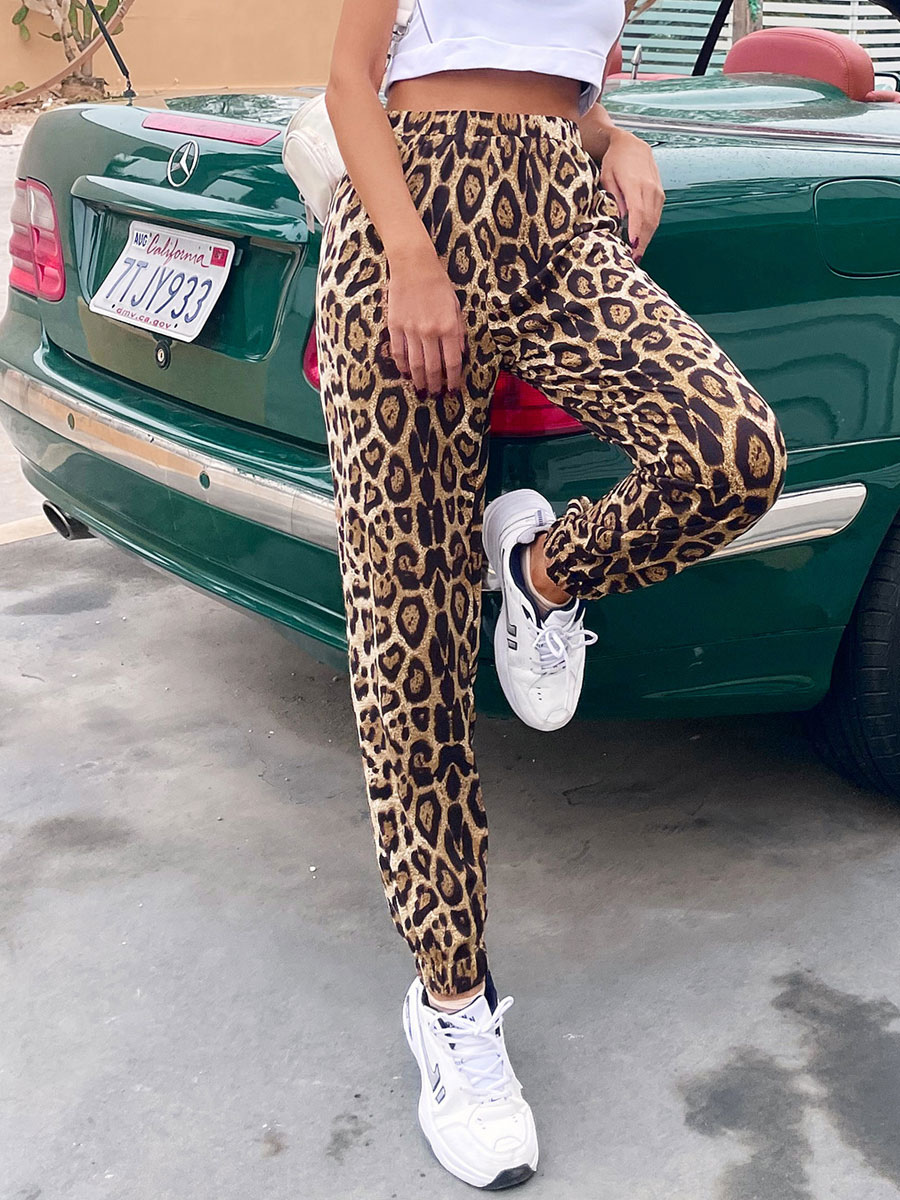 Sweatpants Coffee Brown Polyester Raised Waist Animal Print Trousers ...