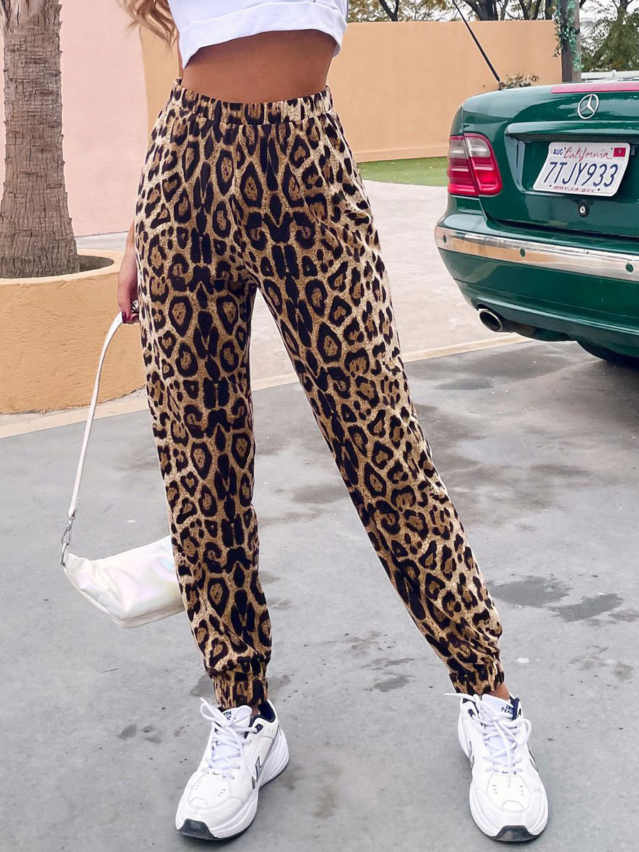 Sweatpants Coffee Brown Polyester Raised Waist Animal Print Trousers ...