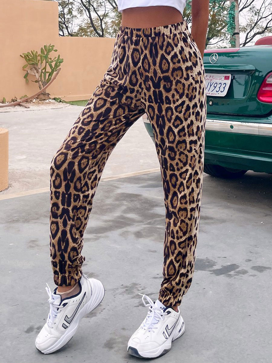 Sweatpants Coffee Brown Polyester Raised Waist Animal Print Trousers ...
