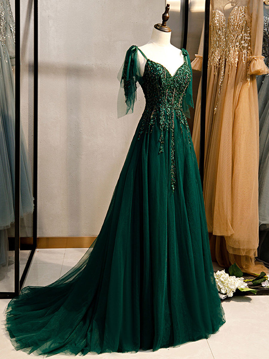 Robe de bal vert foncé dentelle col en V A-ligne sans manches perles à ...