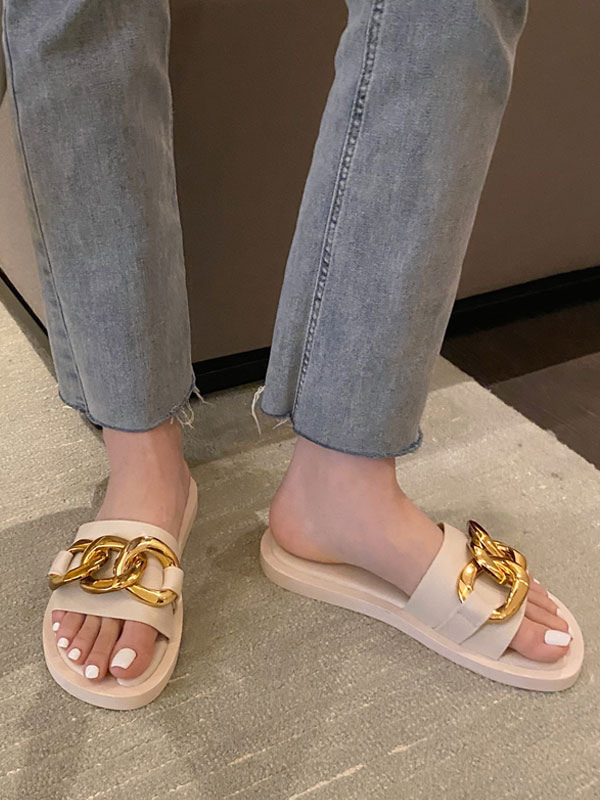 Women Slipper Square Toe Flat Heel PU Leather Eric White Slippers ...