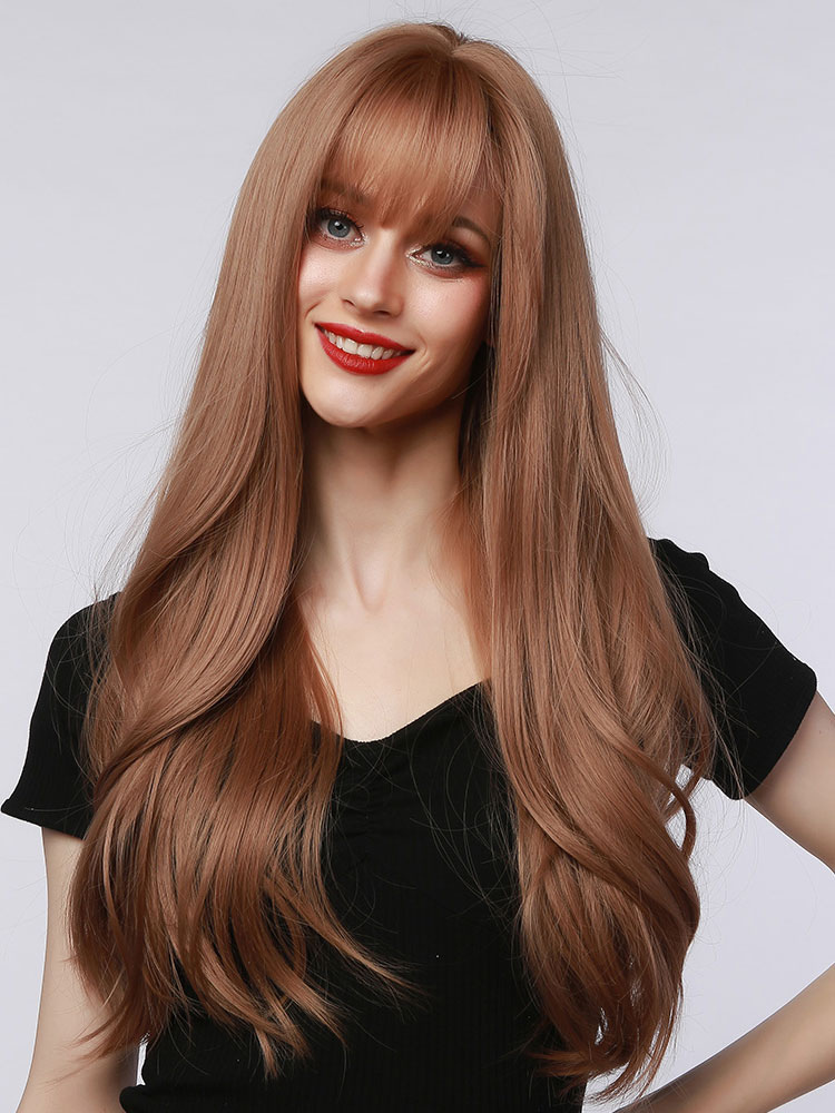 Perruques Synthétiques Longues Femme avec Franges Frisées Marrons ...