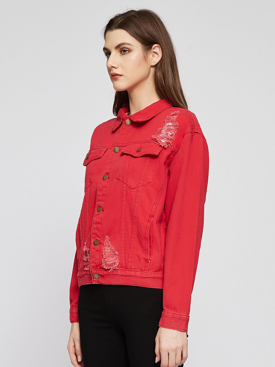 Women Red Jacket Cotton Turndown Collar Long Sleeves Cowboy Jacket Cozy ...