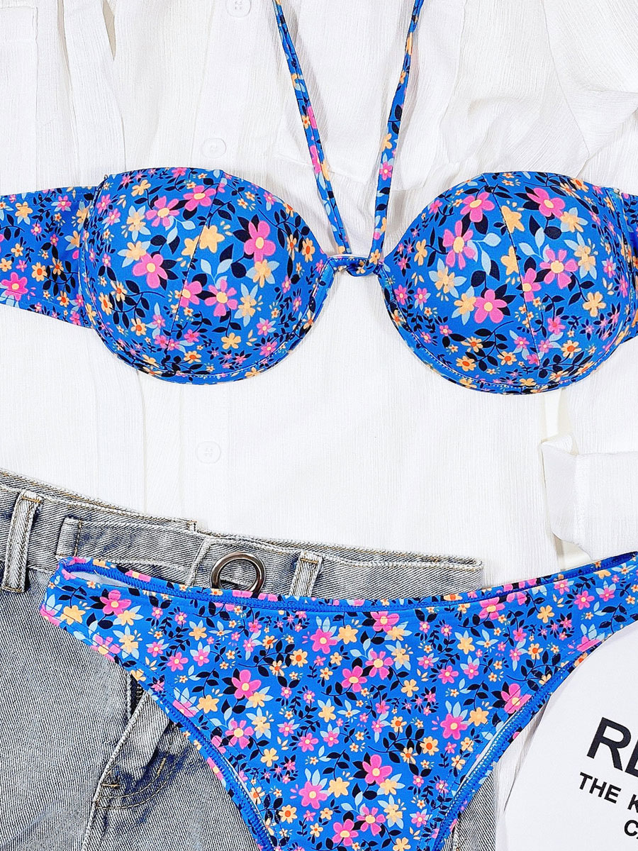 Biquíni Feminino 2 Peças Maiô Azul Alças Pescoço Aberto Ombro Cintura
