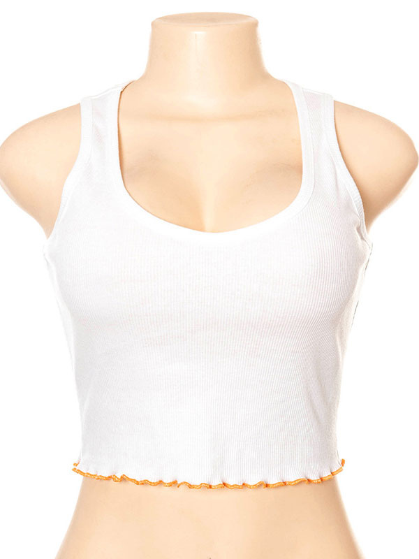 Women White Cami Top Polyester Stretch Piping U Neck Sleeveless Summer