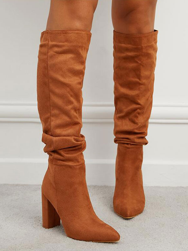 Bottes pour femmes en cuir suédé rouge talon épais bout pointu bottes ...