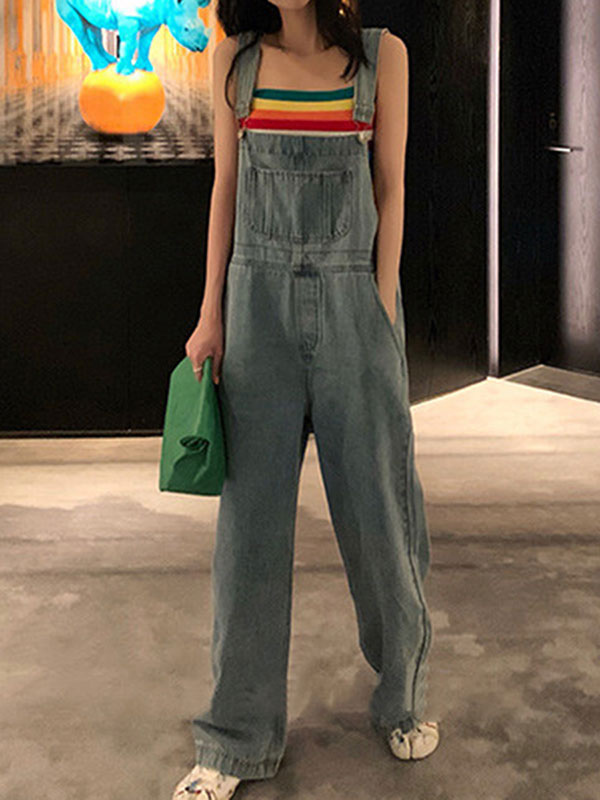 Blue Denim Overalls Sleeveless Zipper Adjustable Straps Denim Straight ...