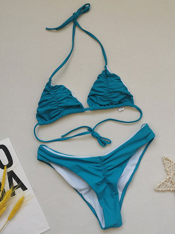 Sexy Bikini Swimsuit Light Sky Blue Halter Sleeveless Bathing Swimming ...